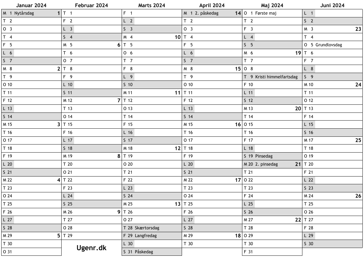 Kalender For 2024 Med Helligdage Og Ugenumre Ugekalender Online 