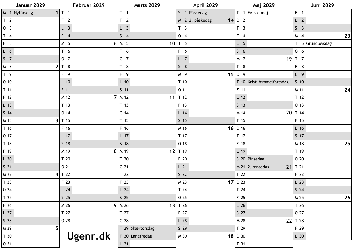 Kalender for 2029 med helligdage og ugenumre … ugekalender, online årskalender med uger til ...